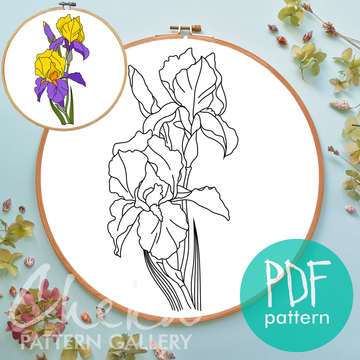 Iris, hand embroidery pattern, blooming large lilac iris, Summer flowe ...